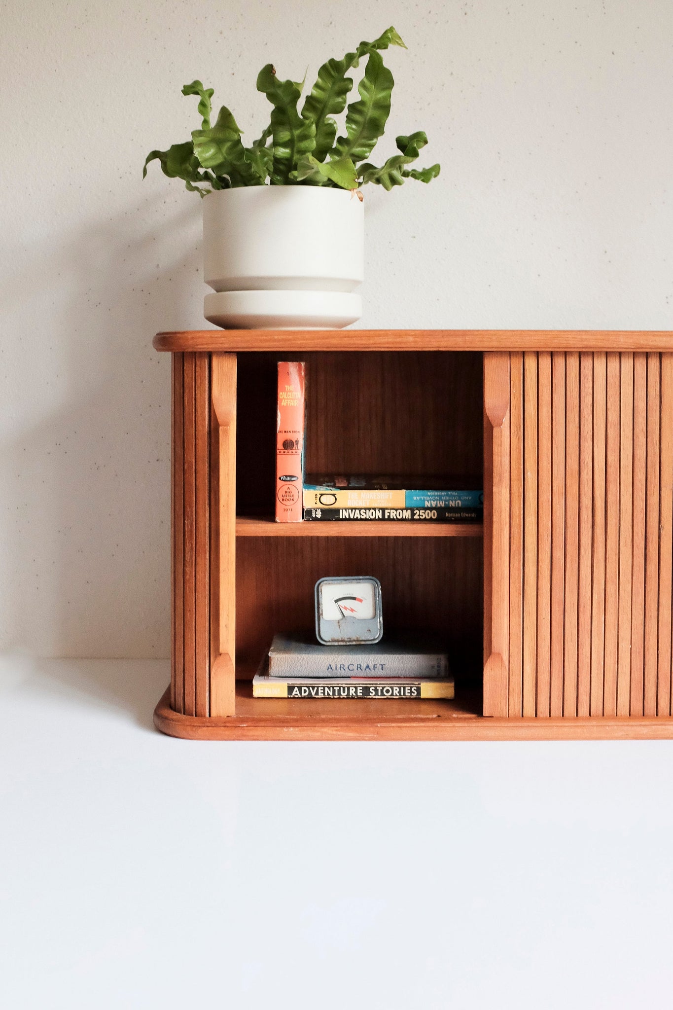 Vintage Teak tambour door storage cabinet floating shelf ...