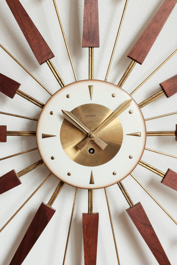 Vintage Mid Century Welby Starburst Clock - Wood / Brass accented star ...